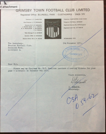 1973 GTFC Letter to Everton - GTFC Heritage