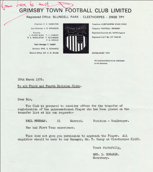 1976 - Neil Freeman Circular Transfer Letter - GTFC Heritage