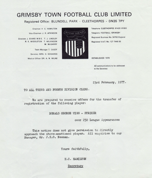 1977 - Ronald Wigg Transfer Circular Letter - GTFC Heritage