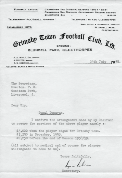 1958 Don Donovan Transfer Letter To Everton - GTFC Heritage